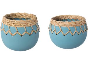 4064118142621 - Übertopf CREATIV HOME Übertopf mit Sisalverzierung blau (aqua) H7cm Ø8cm Metall Pflanzgefäße