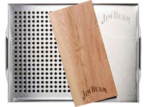 4250679506174 - Grillerweiterung JIM BEAM BBQ Edelstahl-Platte grau (grau braun) B41cm H15cm L31cm Edelstahl Holz Grillroste 59x30 cm mit Zedernholz Räucherbrett für Grillgut Fisch Gemüse