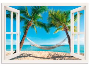 4057738381884 - Wandbild ARTLAND Fensterblick Palmenstrand Karibik Bilder Gr B H 70 cm x 50 cm Alu-Dibond-Druck Amerika Querformat 1 St weiß Bild Poster Bilder als Alubild Leinwandbild Wandaufkleber oder in versch Größen