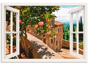 4057738381808 - Wandbild ARTLAND Fensterblick Rosen auf Balkon Toskana Bilder Gr B H 70 cm x 50 cm Alu-Dibond-Druck Garten Querformat 1 St weiß Bild Leinwandbild Kunstdrucke Bilder als Alubild Leinwandbild Wandaufkleber oder Poster in versch Größen