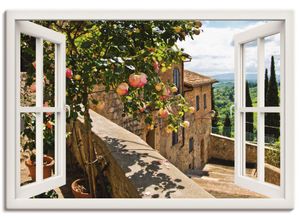 4057738334132 - Wandbild ARTLAND Fensterblick Rosen auf Balkon Toskana Bilder Gr B H 130 cm x 90 cm Leinwandbild Garten Querformat 1 St weiß Bild Leinwandbild Kunstdrucke Bilder als Alubild Leinwandbild Wandaufkleber oder Poster in versch Größen