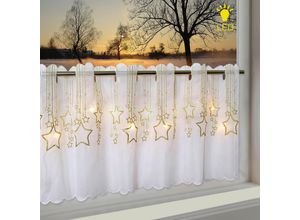 4022236350182 - Scheibengardine DELINDO LIFESTYLE STERNENREGEN Gr 1 gold (weiß goldfarben) B115cm H45cm Microfaser Polyester Gardinen HxB 45x115 mit LED-Beleuchtung
