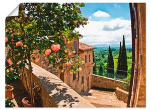 4057738317500 - Wandbild ARTLAND Rosen auf Balkon Toskanalandschaft Bilder Gr B H 80 cm x 60 cm Poster Garten Querformat 1 St grün Bild Leinwandbild Kunstdrucke Bilder als Alubild Leinwandbild Wandaufkleber oder Poster in versch Größen