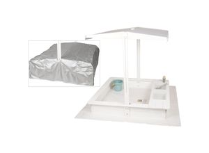 4065827310080 - WONDERMAKE® Design Sandkasten mit Matschküche Dach Abdeckung OXFORD 420D Vliesfolie Sandkiste Holz quadratisch verschließbar Outdoor Garten für Kinder weiß silber