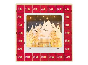 0052226769520 - Adventskalender zum Befüllen 24 Schubladen Fächer Weihnachtskalender mit LED-Lichtern Adventskalenderbox Weihnachtsdekoration DIY MDF 34 x 7 x 34 cm Rot