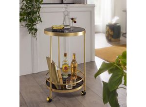 4250950292963 - Design Servierwagen Gold Rund ø 45cm 2 Ebenen Beistelltisch auf Rollen mit Glasplatte Schwarz Speisewagen Küchenwagen Teewagen - Finebuy