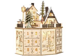 4251774920407 - Adventskalender mit LED Lichtern und kleinem Dorf natur 25B x 20T x 29H cm Advent Adventskalender Weihnachten Befüllen Dorf LED Dekoration