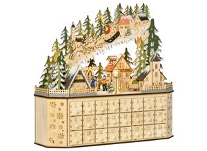 4251774920193 - Adventskalender mit LED Lichtern und kleinem Dorf natur 45B x 13T x 43H cm Advent Adventskalender Weihnachten Befüllen Dorf LED Dekoration