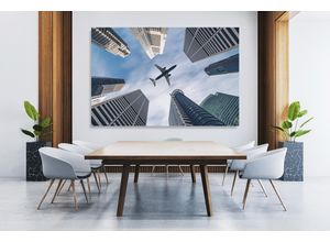 4067437130362 - XXL-Wandbild QUEENCE Akustikbild Flugzeug Wolkenkratzer farbe bild(er) blau B90cm H60cm T25cm Polyester Bilder Einfache Akustiklösung ohne Baumaßnahme Schalldämmung Paneele