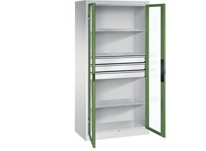 4064615162009 - Sichtfenster-Flügeltürschrank HxBxT 1950 x 930 x 500 mm 3 Fachböden 3 Schubladen lichtgrau   resedagrün C+P