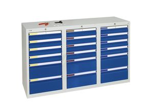 4031068143756 - Schubladenschrank HxBxT 900 x 1500 x 500 mm 12 Schubladen 100 mm 6 Schubladen 200 mm hoch Korpus grau Schubladen enzianblau kaiserkraft