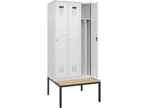 4068192302766 - Schwarz-Weiß-Spind Evolo PLUS Sitzbank schmal 3 Abteile Trennwand verkürzt weiß B 900 mm Zylinderschloss mit untergebauter Sitzbank Buche kaiserkraft