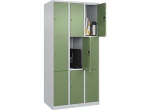 4067521351826 - 3er-Schließfachschrank Classic PLUS 3 Abteile lichtgrau   resedagrün B 900 mm 9 Fächer mit Bodengleitern C+P