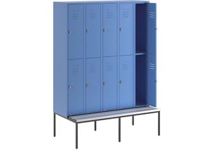 4250618236094 - Halbhoher Garderobenschrank mit Sitzbankuntergestell 300 mm 10 Fächer Vollwand lichtblau