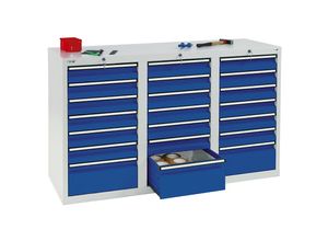 4031068143626 - Schubladenschrank HxBxT 900 x 1500 x 500 mm 18 Schubladen 100 mm 3 Schubladen 200 mm hoch Korpus grau Schubladen enzianblau kaiserkraft