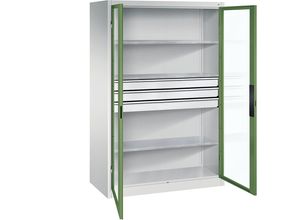 4064615184131 - Sichtfenster-Flügeltürschrank HxBxT 1950 x 1200 x 600 mm 3 Fachböden 3 Schubladen lichtgrau   resedagrün C+P