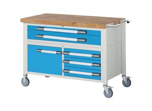 4061753292438 - eurokraft pro Fahrbare Werkbank Serie 8000 Gestellbauweise 5 Schubladen 1 Tür Platten-BxT 1250 x 700 mm