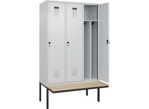 4068192197508 - Schwarz-Weiß-Spind Evolo PLUS Sitzbank schmal 3 Abteile Trennwand verkürzt lichtgrau   lichtgrau B 1200 mm Sicherheits-Drehriegel mit auskragender Sitzbank Buche kaiserkraft