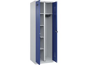 4067521932735 - Putzmittelspind Evolo PLUS 1 Abteil Trennwand mittig lichtgrau   enzianblau B 600 mm mit Bodengleitern Sicherheits-Drehriegel kaiserkraft