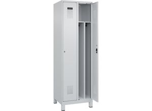 4067521990964 - Schwarz-Weiß-Spind Evolo PLUS schmal 2 Abteile Trennwand verkürzt lichtgrau B 600 mm mit breiten Füßen Zylinderschloss kaiserkraft