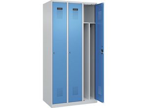 4067521975060 - Schwarz-Weiß-Spind Evolo PLUS schmal 3 Abteile Trennwand verkürzt lichtgrau   lichtblau B 900 mm mit Bodengleitern Zylinderschloss kaiserkraft