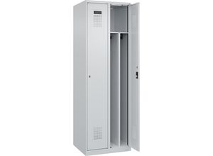 4067521988626 - Schwarz-Weiß-Spind Evolo PLUS schmal 2 Abteile Trennwand verkürzt lichtgrau B 600 mm mit Bodengleitern Zylinderschloss kaiserkraft