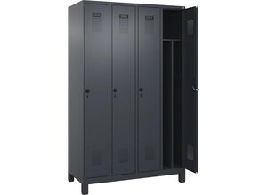 4067521943786 - Schwarz-Weiß-Spind Evolo PLUS schmal 4 Abteile Trennwand verkürzt grau B 1200 mm mit breiten Füßen Sicherheits-Drehriegel kaiserkraft