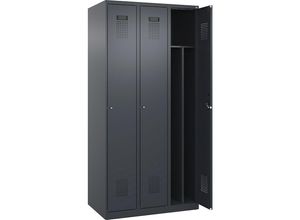 4067521989104 - Schwarz-Weiß-Spind Evolo PLUS schmal 3 Abteile Trennwand verkürzt grau B 900 mm mit Bodengleitern Zylinderschloss kaiserkraft