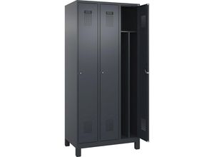4067521991442 - Schwarz-Weiß-Spind Evolo PLUS schmal 3 Abteile Trennwand verkürzt grau B 900 mm mit breiten Füßen Zylinderschloss kaiserkraft