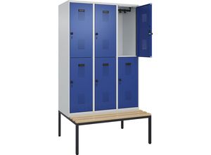 4068192155461 - Doppelstock-Spind Evolo PLUS Sitzbank 3 Abteile lichtgrau   enzianblau B 1200 mm Sicherheits-Drehriegel mit untergebauter Sitzbank Buche kaiserkraft