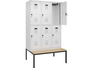 4068192217855 - Doppelstock-Spind Evolo PLUS Sitzbank 3 Abteile weiß B 1200 mm Sicherheits-Drehriegel mit untergebauter Sitzbank Buche kaiserkraft