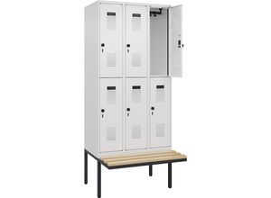 4068192218357 - Doppelstock-Spind Evolo PLUS Sitzbank 3 Abteile weiß B 900 mm Sicherheits-Drehriegel mit auskragender Sitzbank Buche kaiserkraft