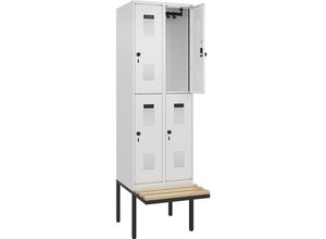 4068192218333 - Doppelstock-Spind Evolo PLUS Sitzbank 2 Abteile weiß B 600 mm Sicherheits-Drehriegel mit auskragender Sitzbank Buche kaiserkraft