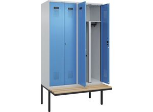 4068192263487 - Schwarz-Weiß-Spind Evolo PLUS Sitzbank 4 Abteile Trennwand verkürzt lichtgrau   lichtblau B 1200 mm Zylinderschloss mit auskragender Sitzbank Buche kaiserkraft