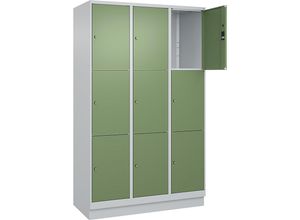 4066681684713 - 3er-Schließfachschrank Classic PLUS 3 Abteile lichtgrau   resedagrün B 1200 mm 9 Fächer mit Bodensockel C+P