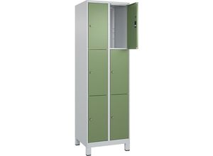 4066681693517 - 3er-Schließfachschrank Classic PLUS 2 Abteile lichtgrau   resedagrün B 600 mm 6 Fächer mit Füßen C+P