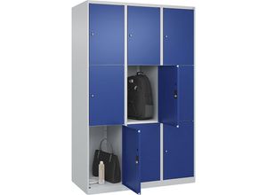 4067521352328 - 3er-Schließfachschrank Classic PLUS 3 Abteile lichtgrau   enzianblau B 1200 mm 9 Fächer mit Bodengleitern C+P