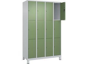 4066681682016 - 3er-Schließfachschrank Classic PLUS 4 Abteile lichtgrau   resedagrün B 1200 mm 12 Fächer mit Füßen C+P