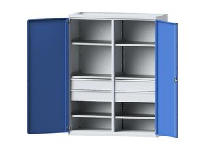 4014641095604 - eurokraft pro Schwerlastschrank JUMBO aus Stahlblech 6 Fachböden 4 Schubladen 180 mm hoch lichtgrau lichtblau