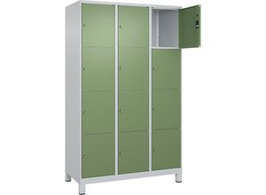 4066681681712 - 4er-Schließfachschrank Classic PLUS 3 Abteile lichtgrau   resedagrün B 1200 mm 12 Fächer mit Füßen C+P