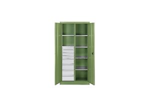4064615155995 - Materialschrank aus Stahlblech 6 Fachböden 8 Schubladen HxBxT 1950 x 930 x 500 mm resedagrün C+P
