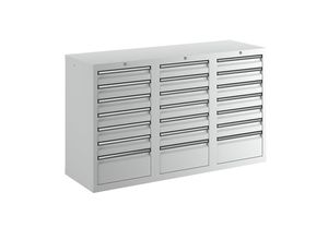 4031068078973 - Schubladenschrank HxBxT 900 x 1500 x 500 mm 18 Schubladen 100 mm 3 Schubladen 200 mm hoch Korpus und Schubladen grau kaiserkraft