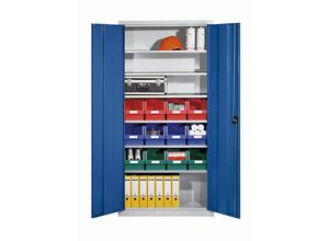 4061753277381 - eurokraft pro Materialschrank aus Stahlblech mit 12 Sichtlagerkästen lichtgrau RAL 7035   enzianblau RAL 5010