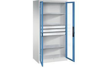 4064615165734 - Sichtfenster-Flügeltürschrank HxBxT 1950 x 930 x 600 mm 3 Fachböden 3 Schubladen lichtgrau   lichtblau C+P