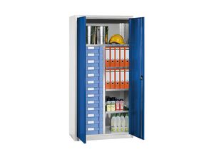 4061753279019 - eurokraft pro Material- und Schubladenschrank 4 Fachböden 13 Schubladen lichtgrau RAL 7035   enzianblau RAL 5010