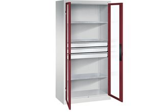 4064615161781 - Sichtfenster-Flügeltürschrank HxBxT 1950 x 930 x 500 mm 3 Fachböden 3 Schubladen lichtgrau   rubinrot C+P
