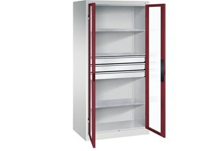 4064615165390 - Sichtfenster-Flügeltürschrank HxBxT 1950 x 930 x 600 mm 3 Fachböden 3 Schubladen lichtgrau   rubinrot C+P