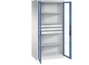 4064615165741 - Sichtfenster-Flügeltürschrank HxBxT 1950 x 930 x 600 mm 3 Fachböden 3 Schubladen lichtgrau   fernblau C+P