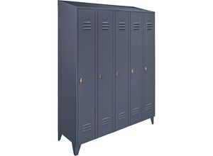 4250618240282 - Stahlschrank mit Schrägdach Abteile schrankhoch Gesamtbreite 1500 mm 5 Abteile blaugrau RAL 7031