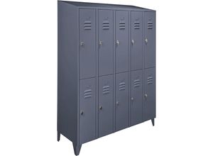 4250618240695 - Garderobenschrank mit Schrägdach halbhohe Fächer Gesamtbreite 1500 mm 10 Abteile blaugrau RAL 7031